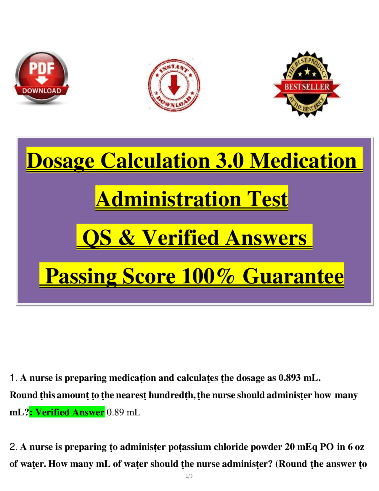 Dosage Calculation 3.0 Medication Administration Test QS & Verified ...