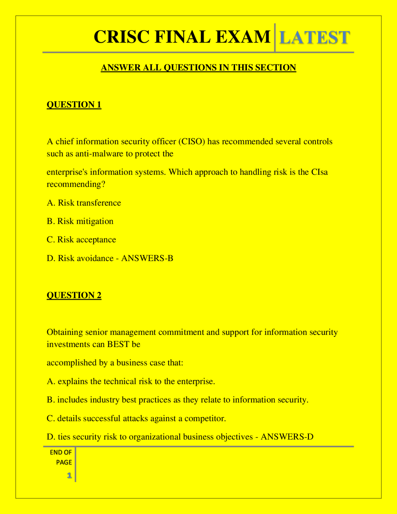 CRISC FINAL EXAM QUESTIONS AND ANSWERS 2025 | Exams Risk Analysis | Docsity