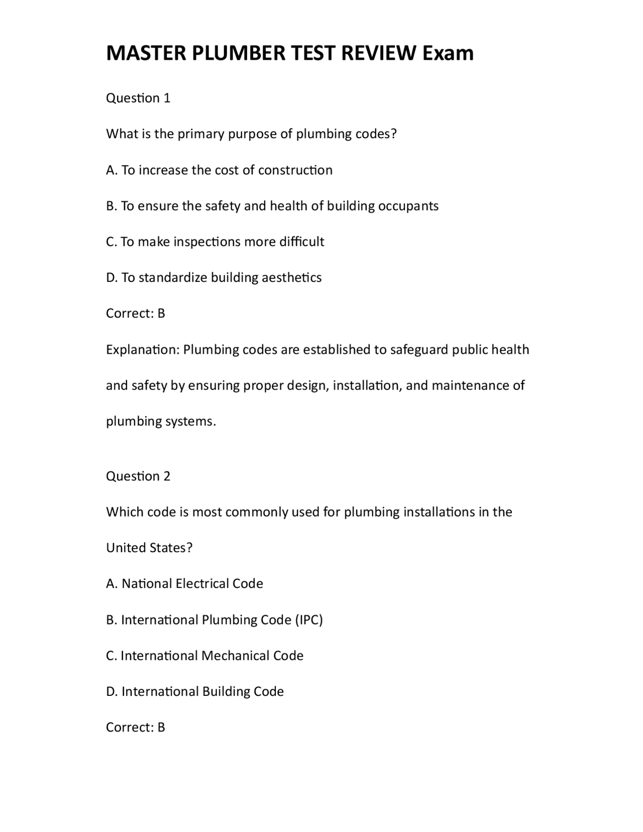 MASTER PLUMBER TEST REVIEW Exam | Exams Technology | Docsity