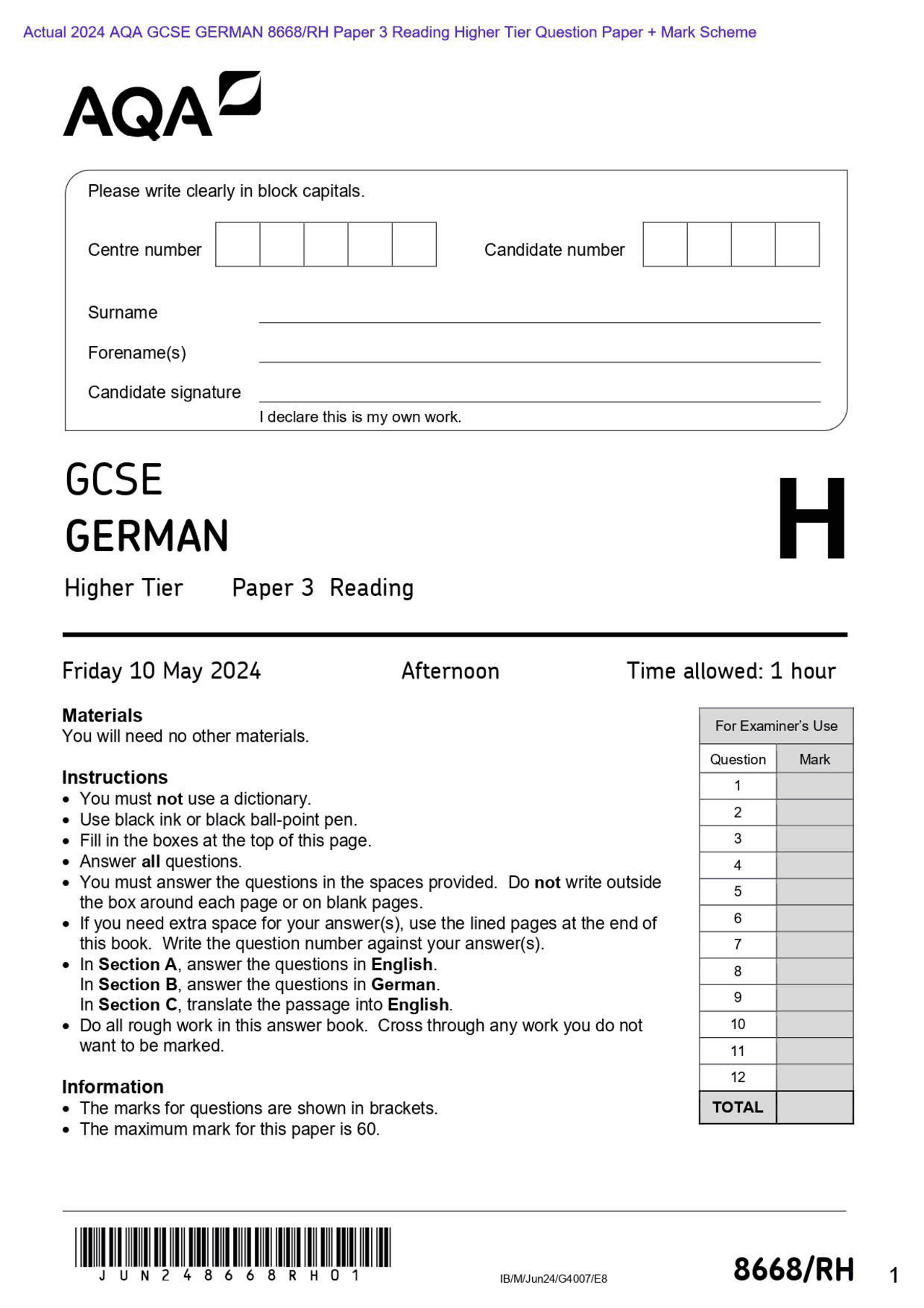 Actual 2024 AQA GCSE GERMAN 8668/RH Paper 3 Reading Higher Tier ...