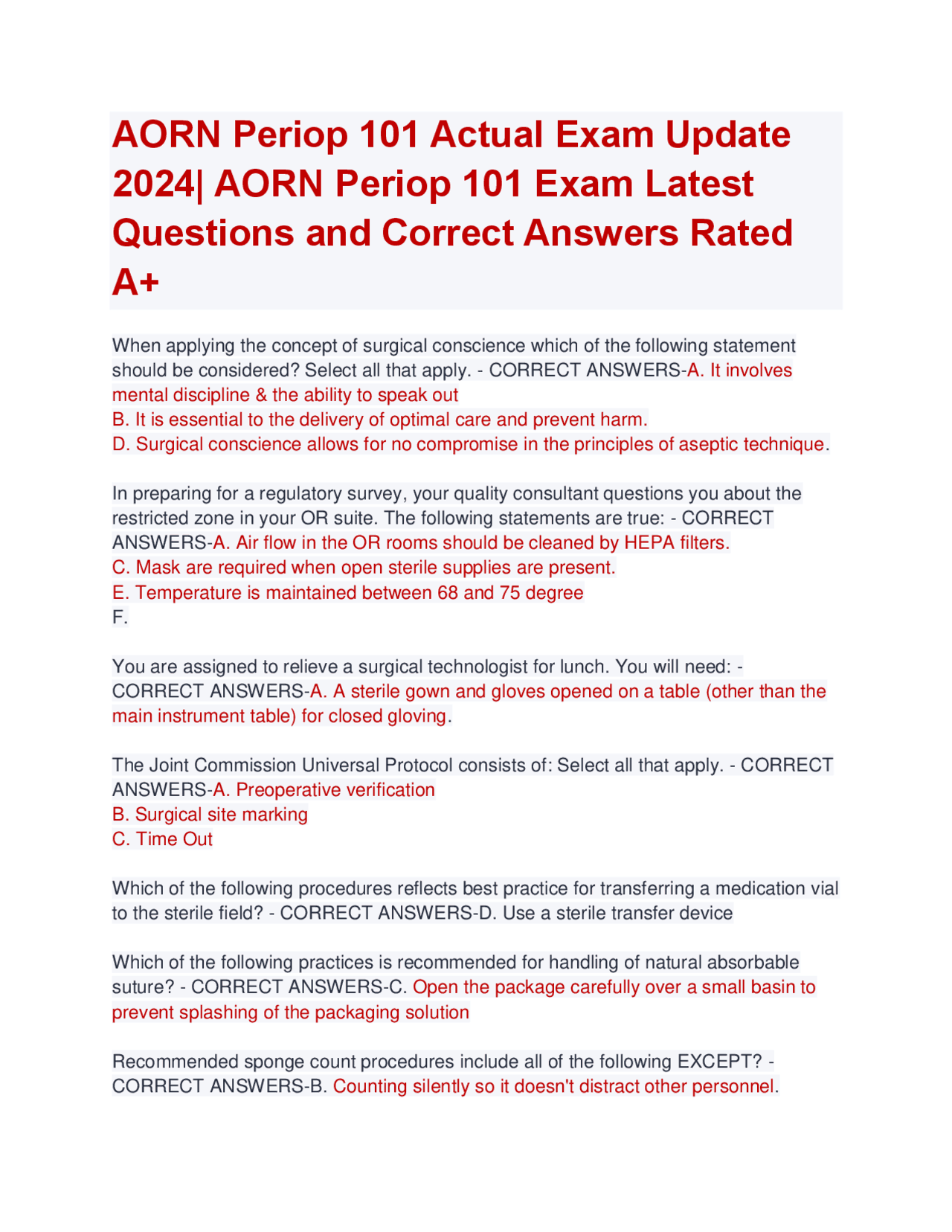 AORN Periop 101 Actual Exam Update 2024| AORN Periop 101 Exam Latest ...