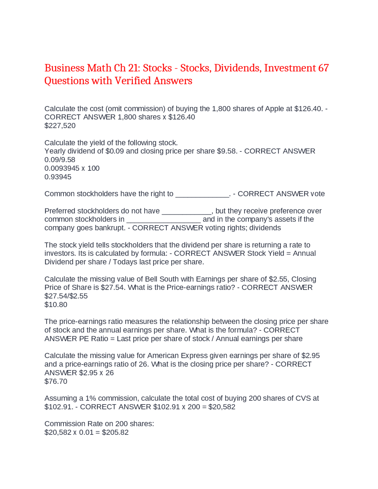 Business Math Ch 21: Stocks - Stocks, Dividends, Investment 67 ...