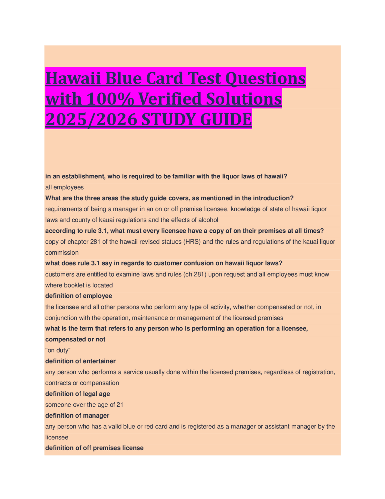 Hawaii Blue Card Test Questions with 100% Verified Solutions 2025/2026 ...