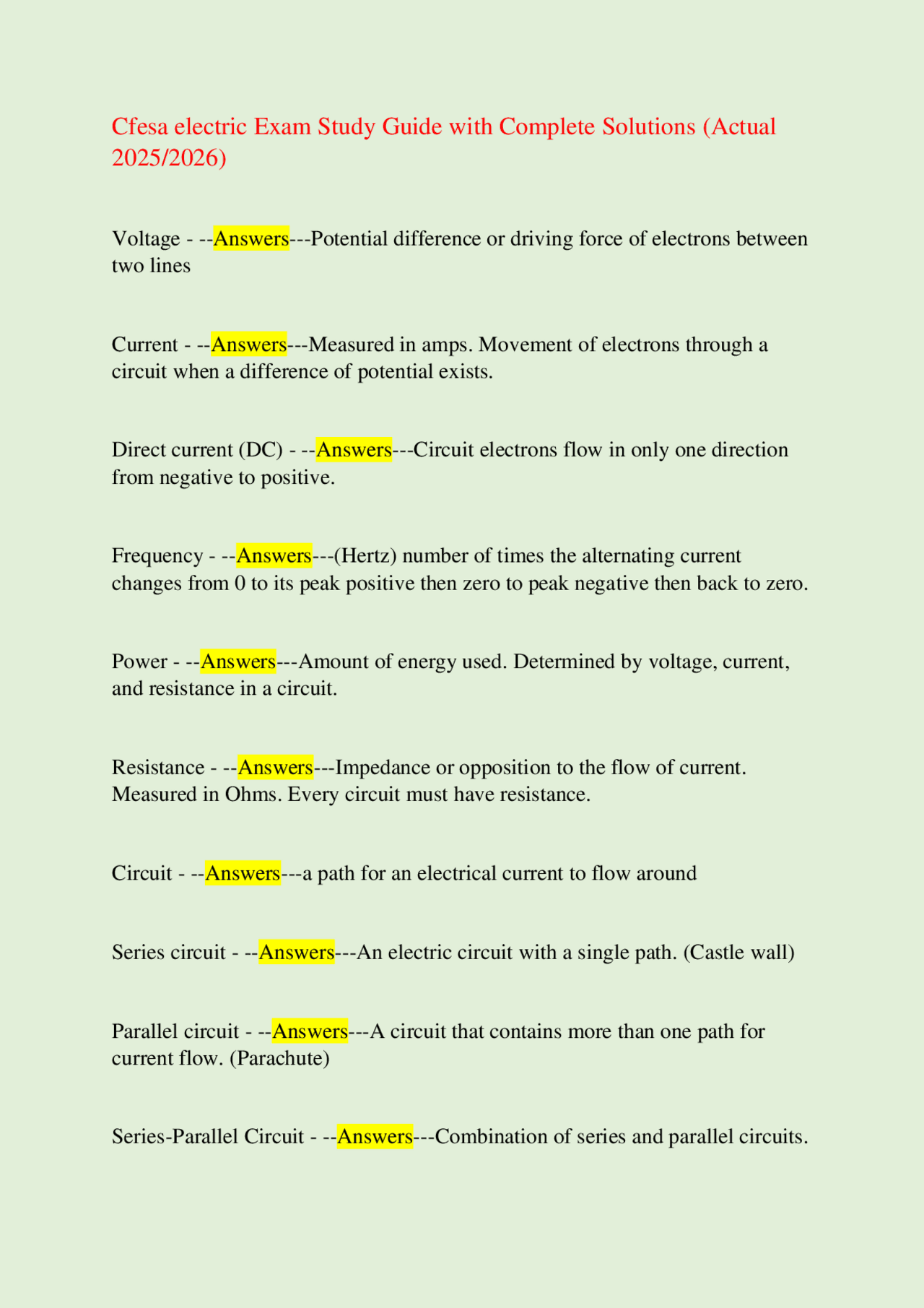 Cfesa electric Exam Study Guide with Complete Solutions (Actual 2025/ ...