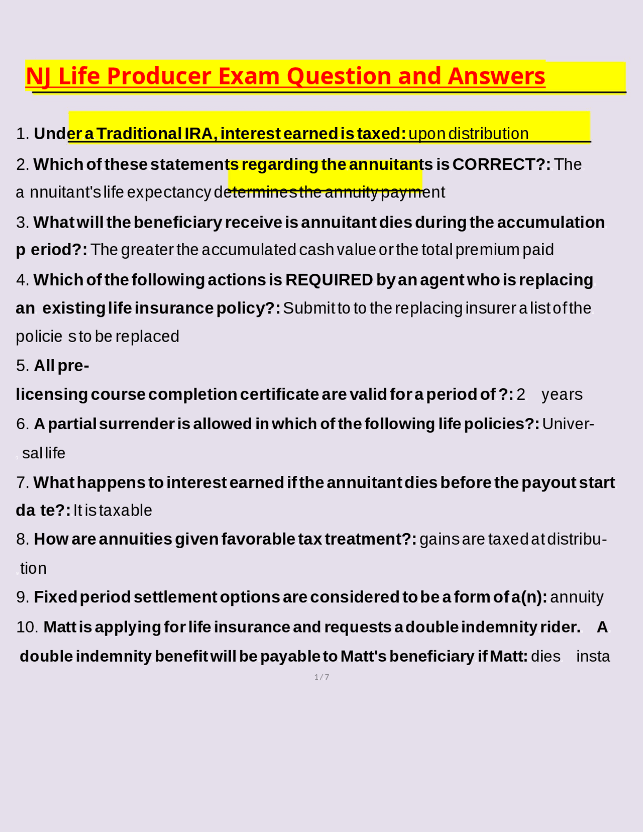 NJ Life Producer Exam: Questions and Answers | Exams Nursing | Docsity