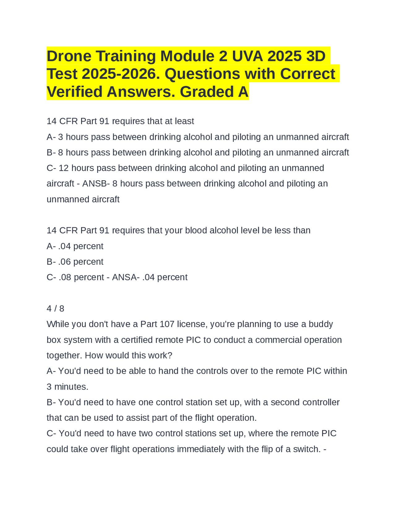 Drone Training Module 2 UVA 2025 3D Test 2025-2026. Questions with ...