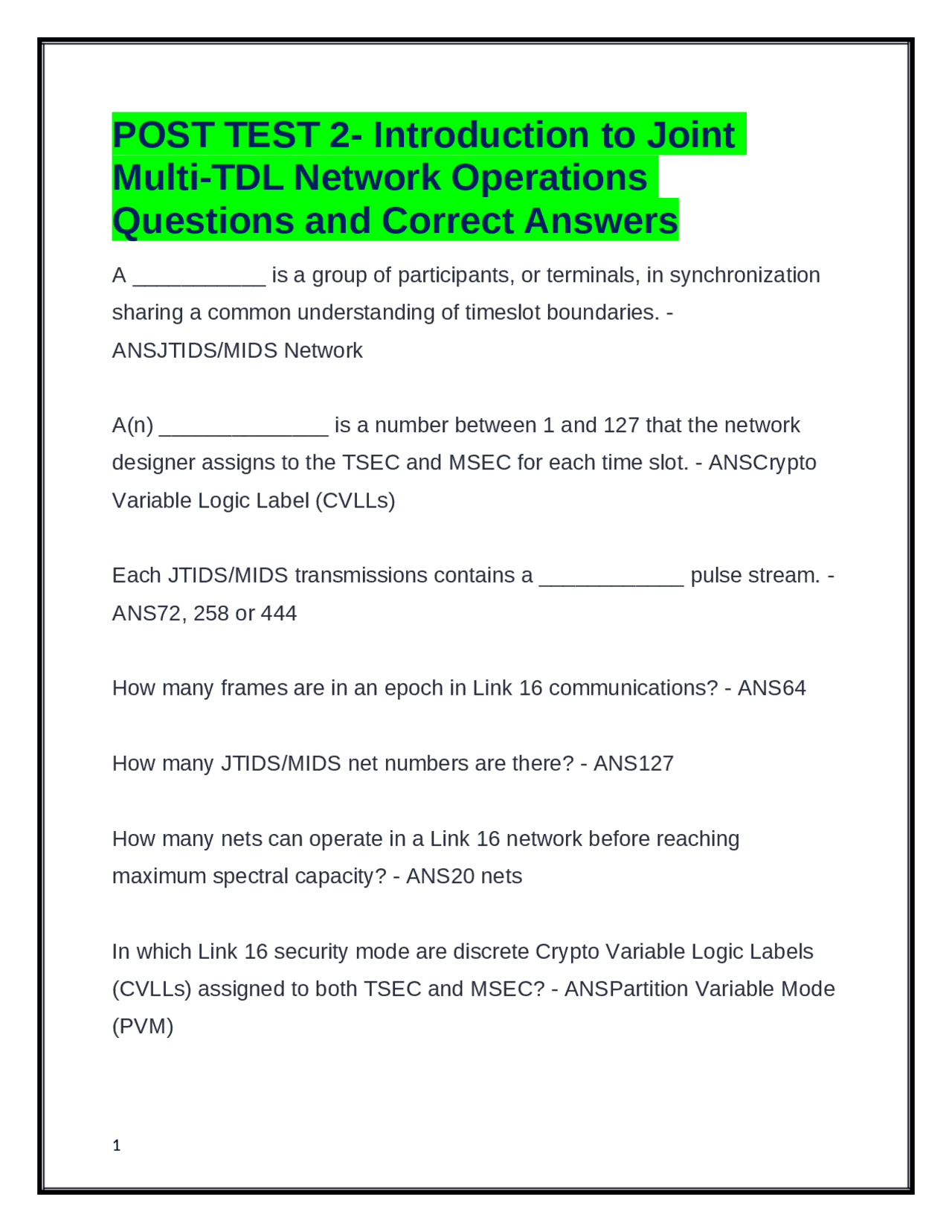 POST TEST 2- Introduction to Joint Multi-TDL Network Operations Q & A ...
