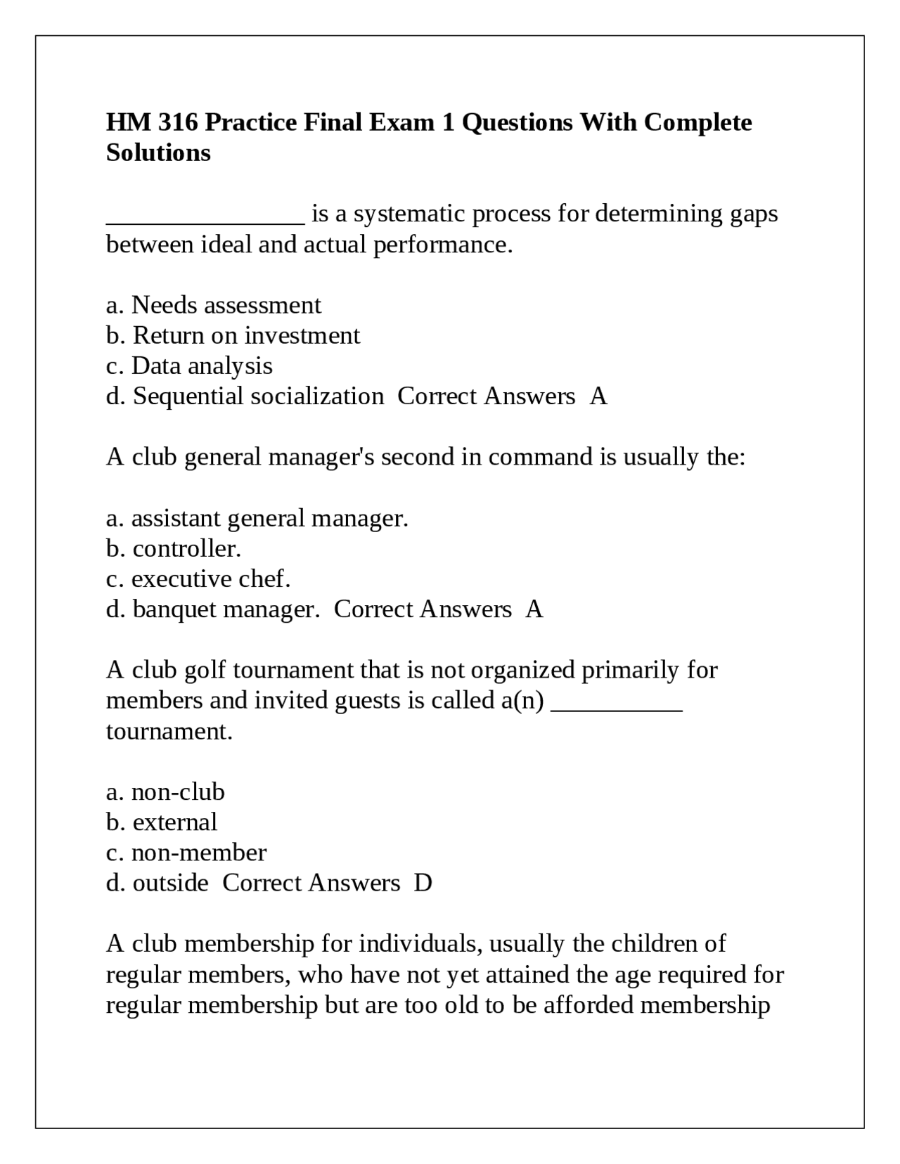 HM 316 Practice Final Exam 1 Questions With Complete Solutions | Exams ...