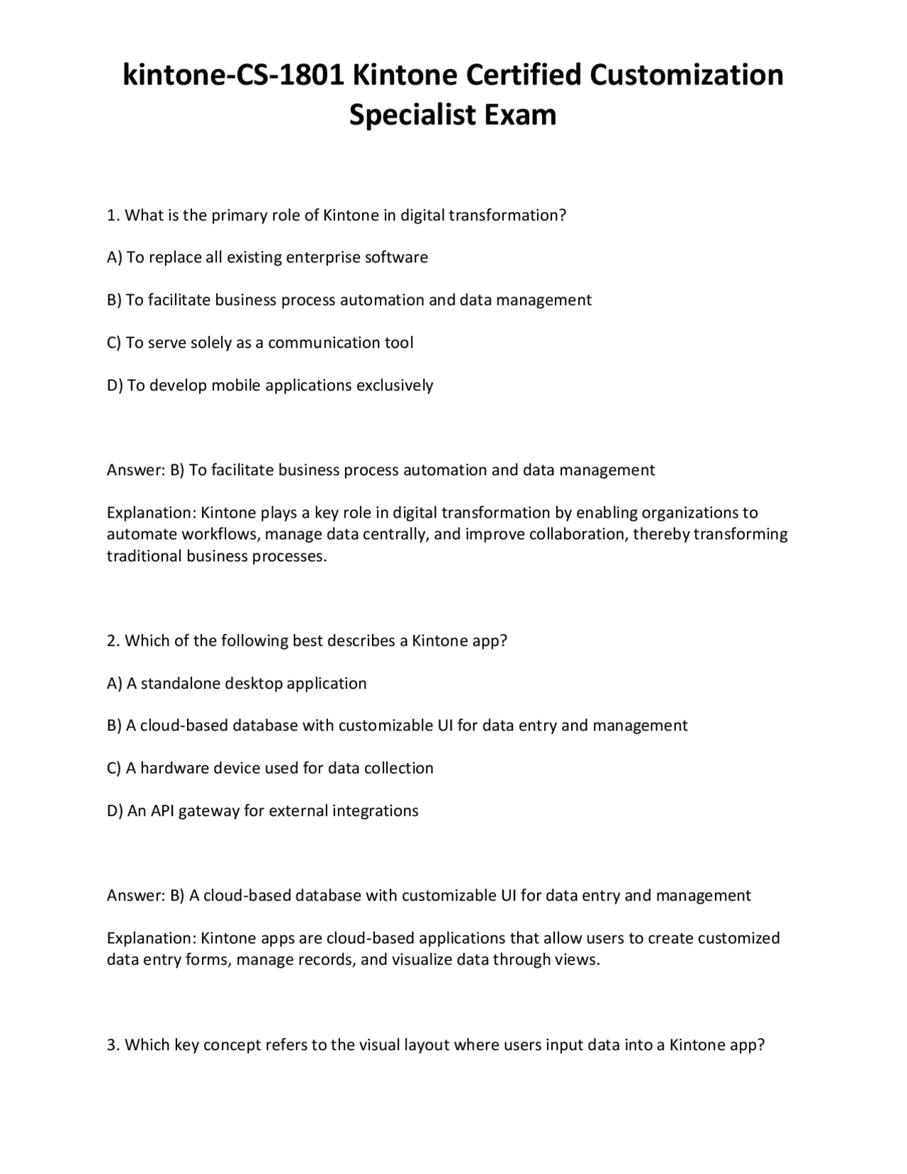 kintone-CS-1801 Kintone Certified Customization Specialist Exam | Exams Technology | Docsity