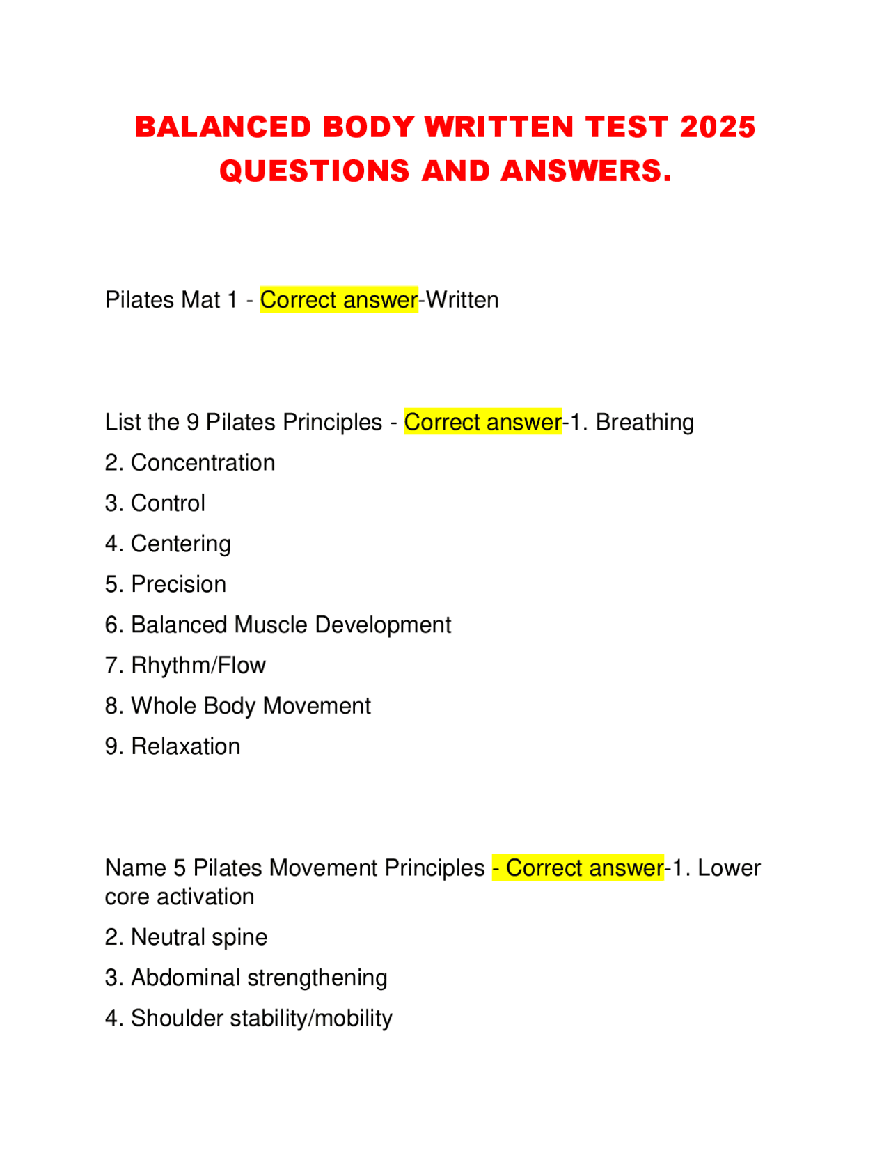 BALANCED BODY WRITTEN TEST 2025 QUESTIONS AND ANSWERS. | Exams Health ...