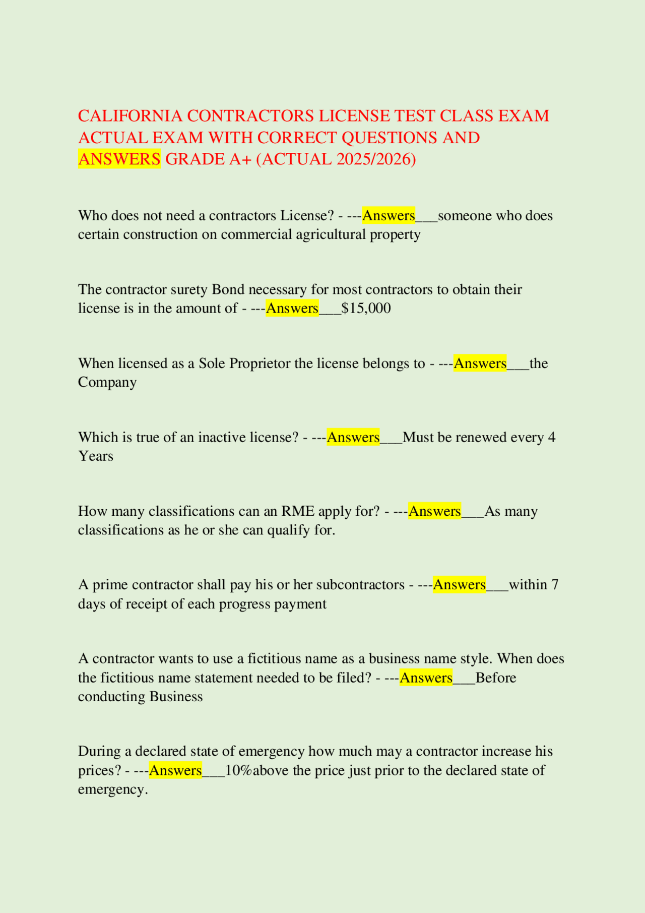 CALIFORNIA CONTRACTORS LICENSE TEST CLASS EXAM ACTUAL EXAM WITH CORRECT ...