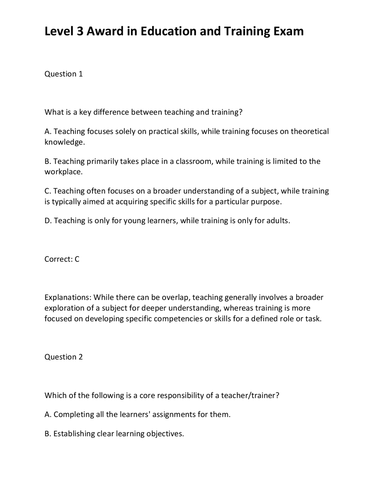 Level 3 Award in Education and Training Exam | Exams Technology | Docsity