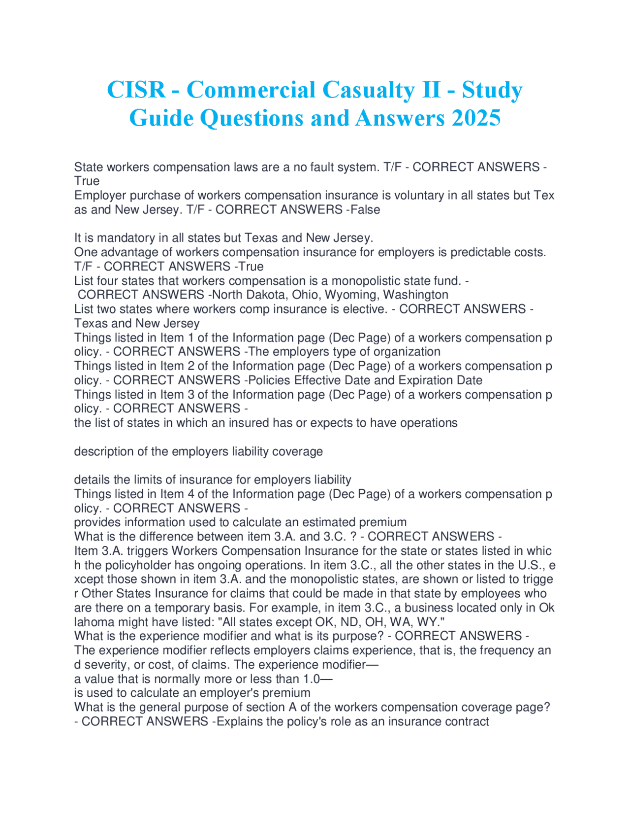 CISR - Commercial Casualty II - Study Guide Questions and Answers 2025 ...