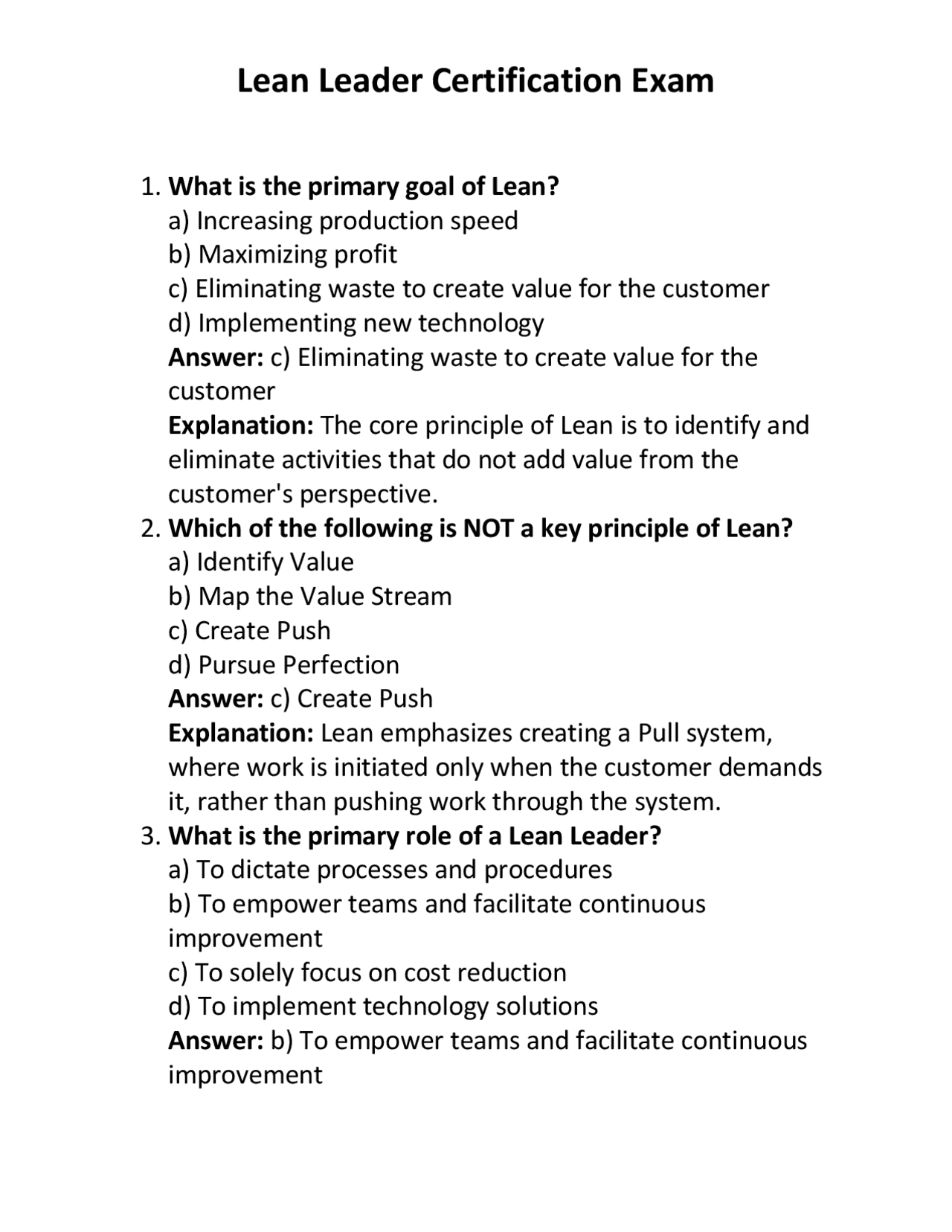 Lean Leader Certification Exam | Exams Technology | Docsity