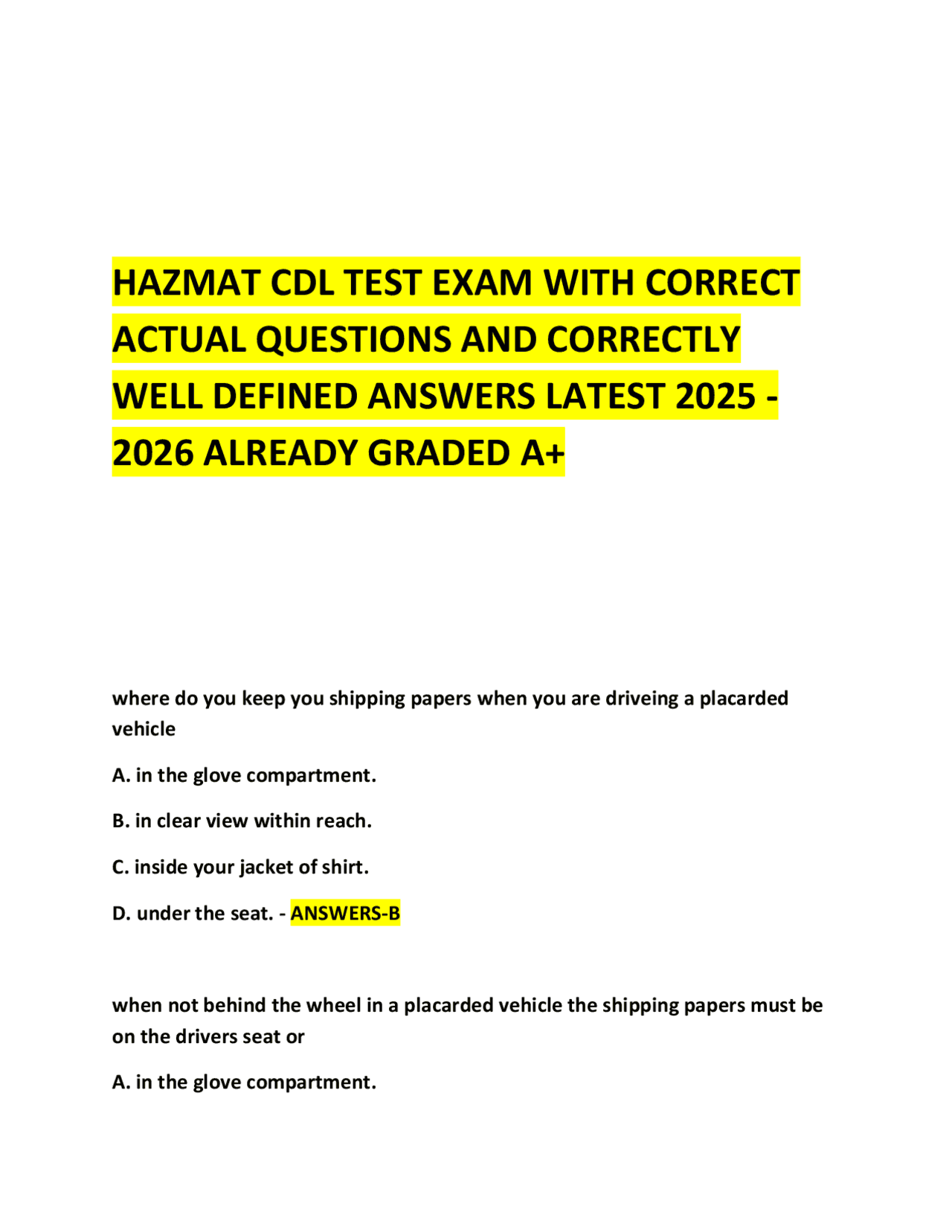 HAZMAT CDL TEST EXAM WITH CORRECT ACTUAL QUESTIONS AND CORRECTLY WELL ...