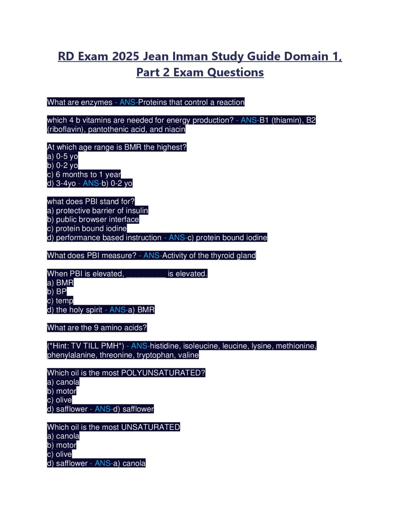 RD Exam 2025 Jean Inman Study Guide Domain 1, Part 2 Exam Questions ...
