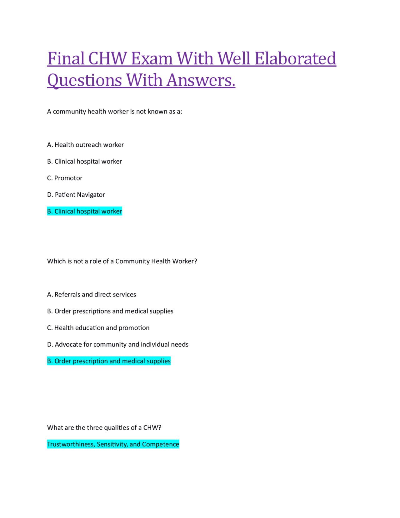 Final CHW Exam with well elaborated questions with answers | Exams ...