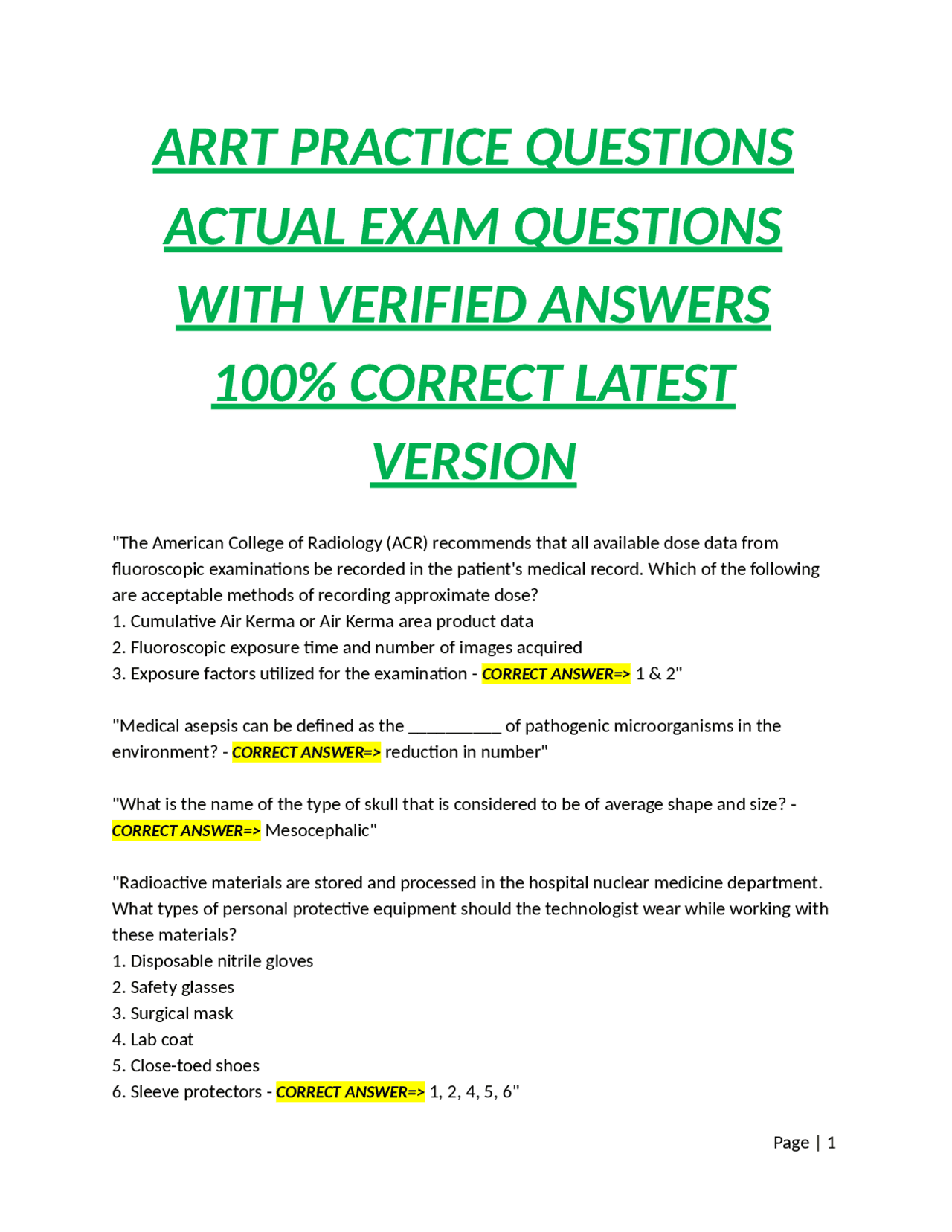 ARRT PRACTICE QUESTIONS ACTUAL EXAM QUESTIONS WITH VERIFIED ANSWERS 100 ...
