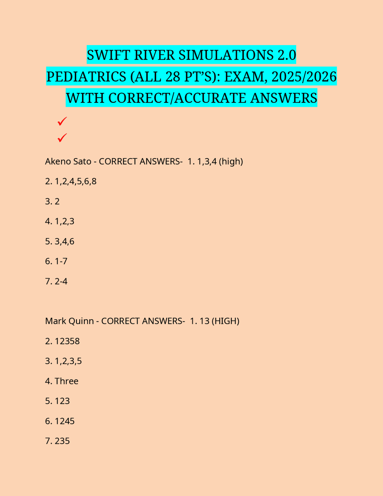 SWIFT RIVER SIMULATIONS 2.0 PEDIATRICS (ALL 28 PT’S): EXAM, 2025/2026 ...