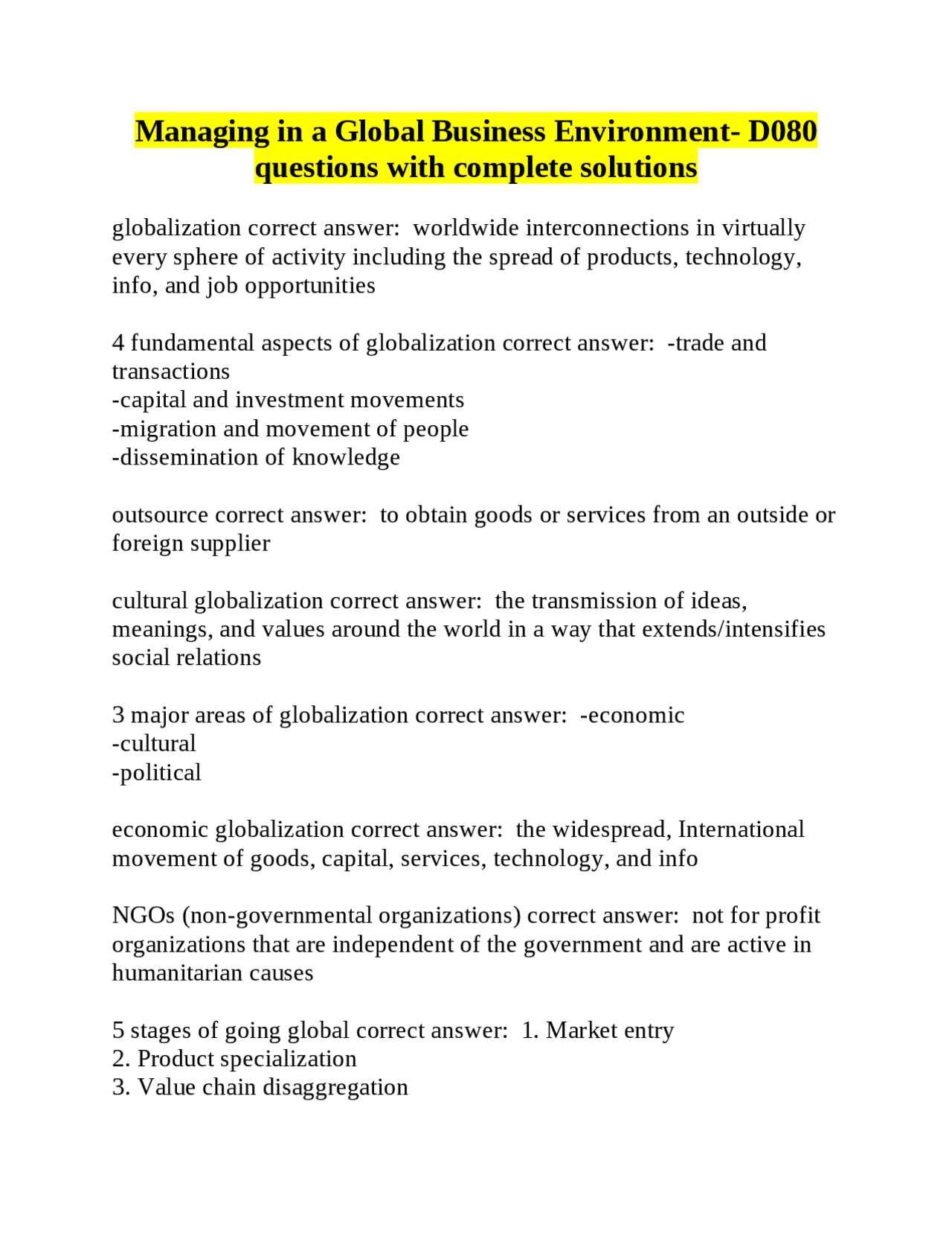 Managing in a Global Business Environment- D080 questions with complete ...
