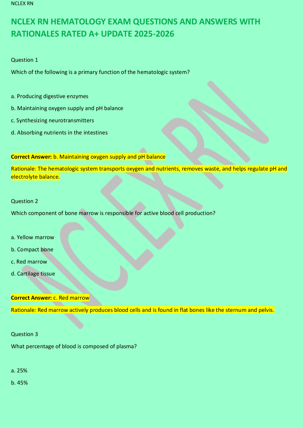 NCLEX RN HEMATOLOGY EXAM QUESTIONS AND ANSWERS WITH RATIONALES RATED A+ ...