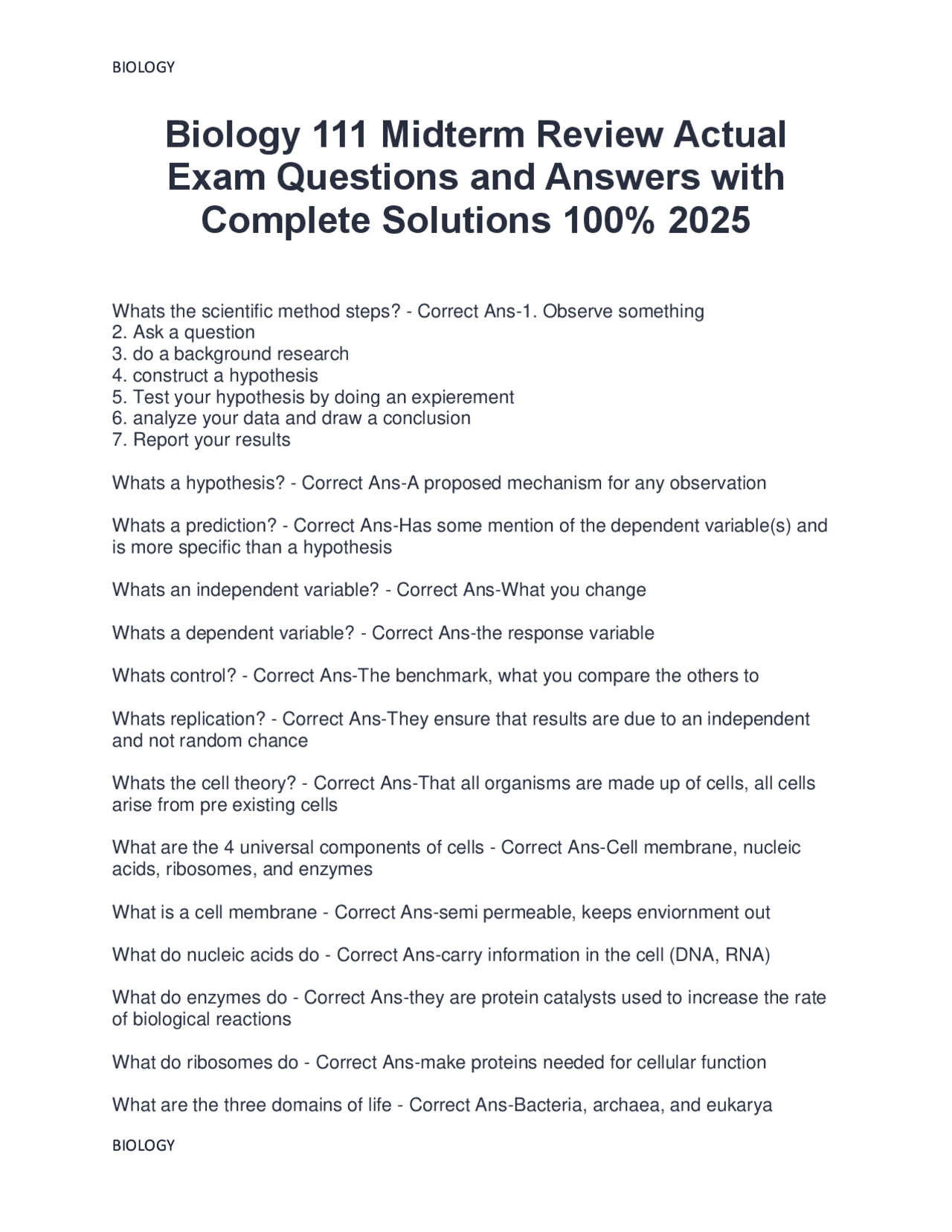Biology 111 Midterm Review Actual Exam Questions and Answers with ...