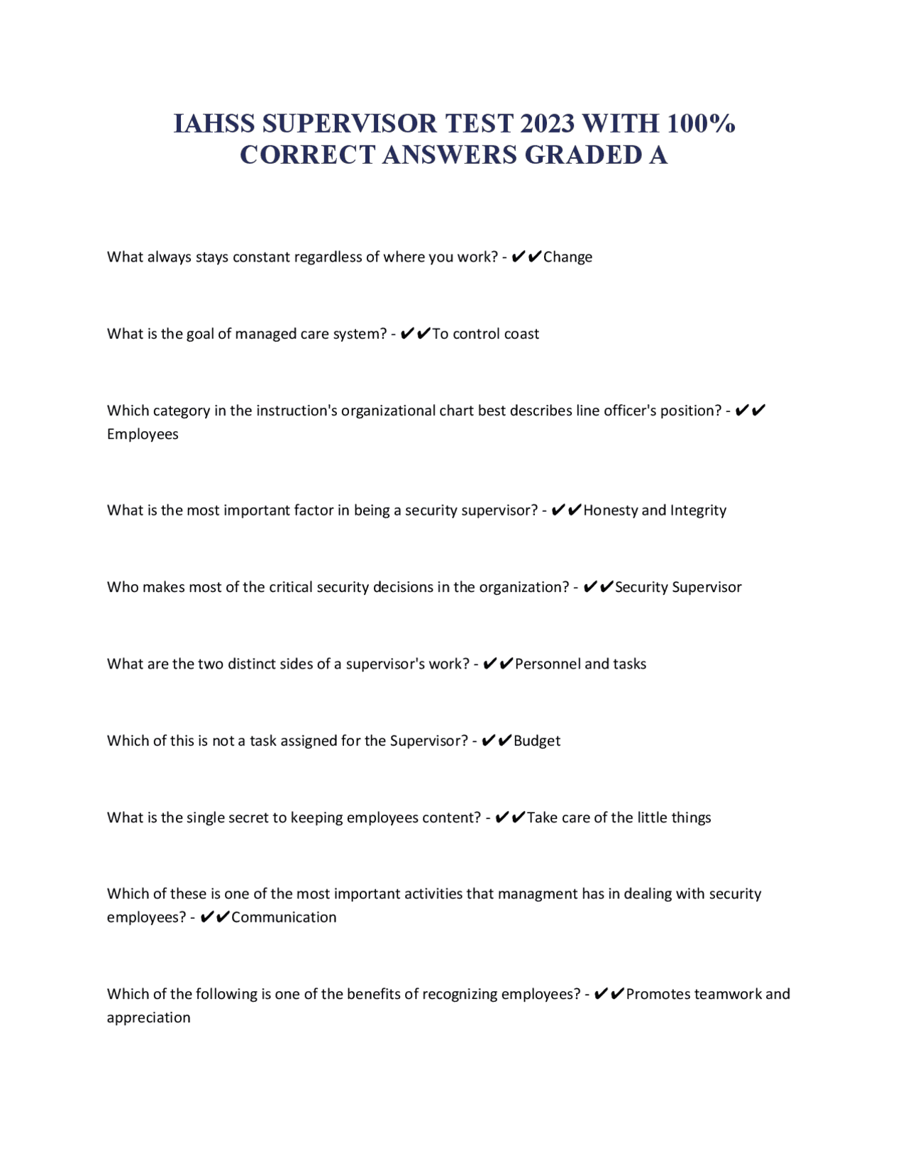 IAHSS SUPERVISOR TEST 2025 WITH 100.pdf | Exams Nursing | Docsity