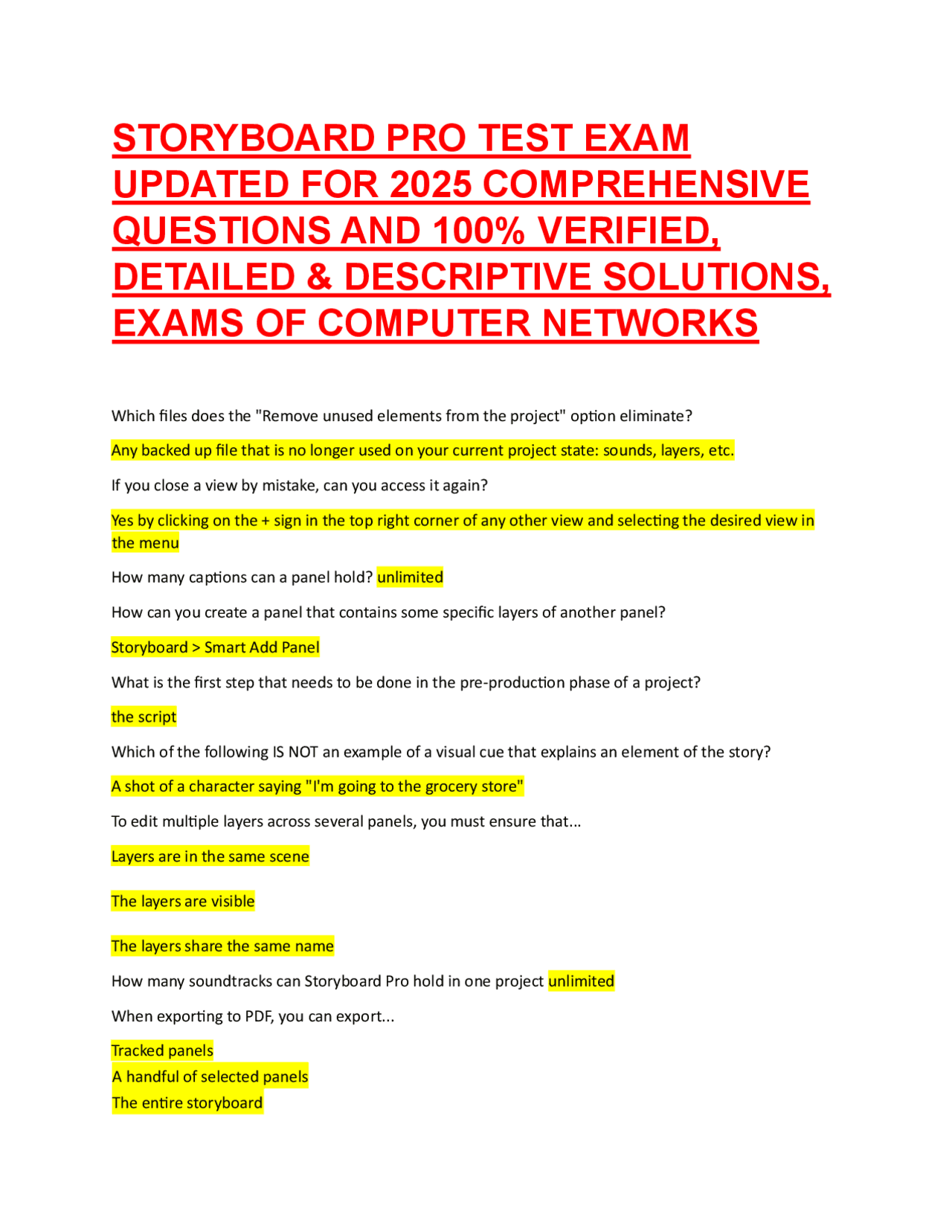 Storyboard Pro Comprehensive Exam: Questions and Answers for 2025 | Exams Computer Science | Docsity