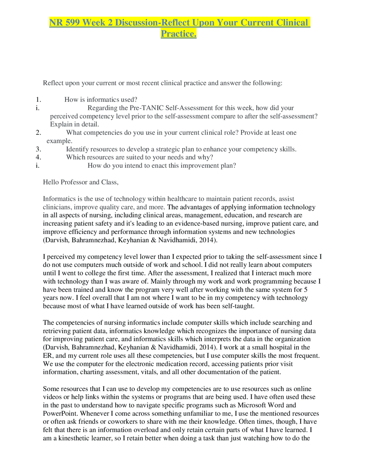 Nursing Informatics Competency Self-Assessment and Development Plan | Exams Nursing | Docsity