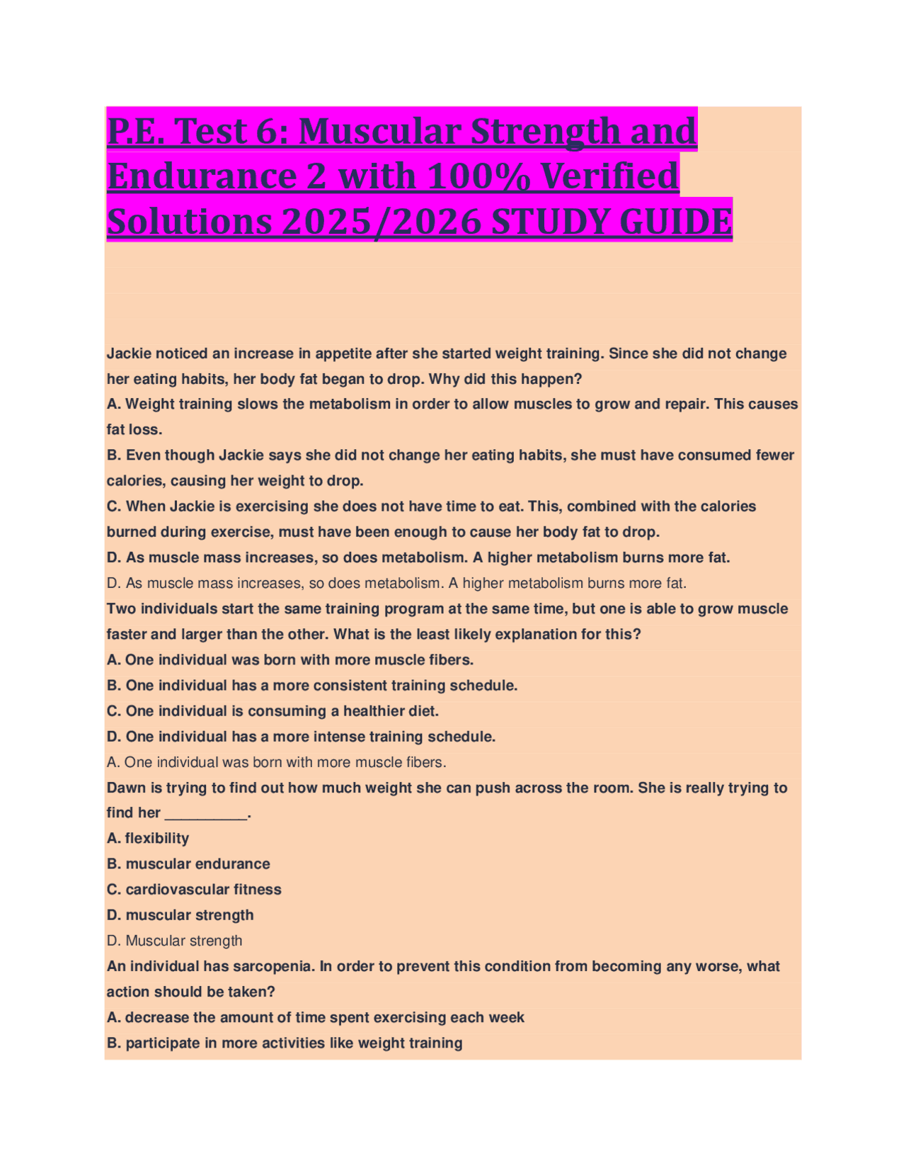 P.E. Test 6: Muscular Strength and Endurance 2 with 100% Verified ...