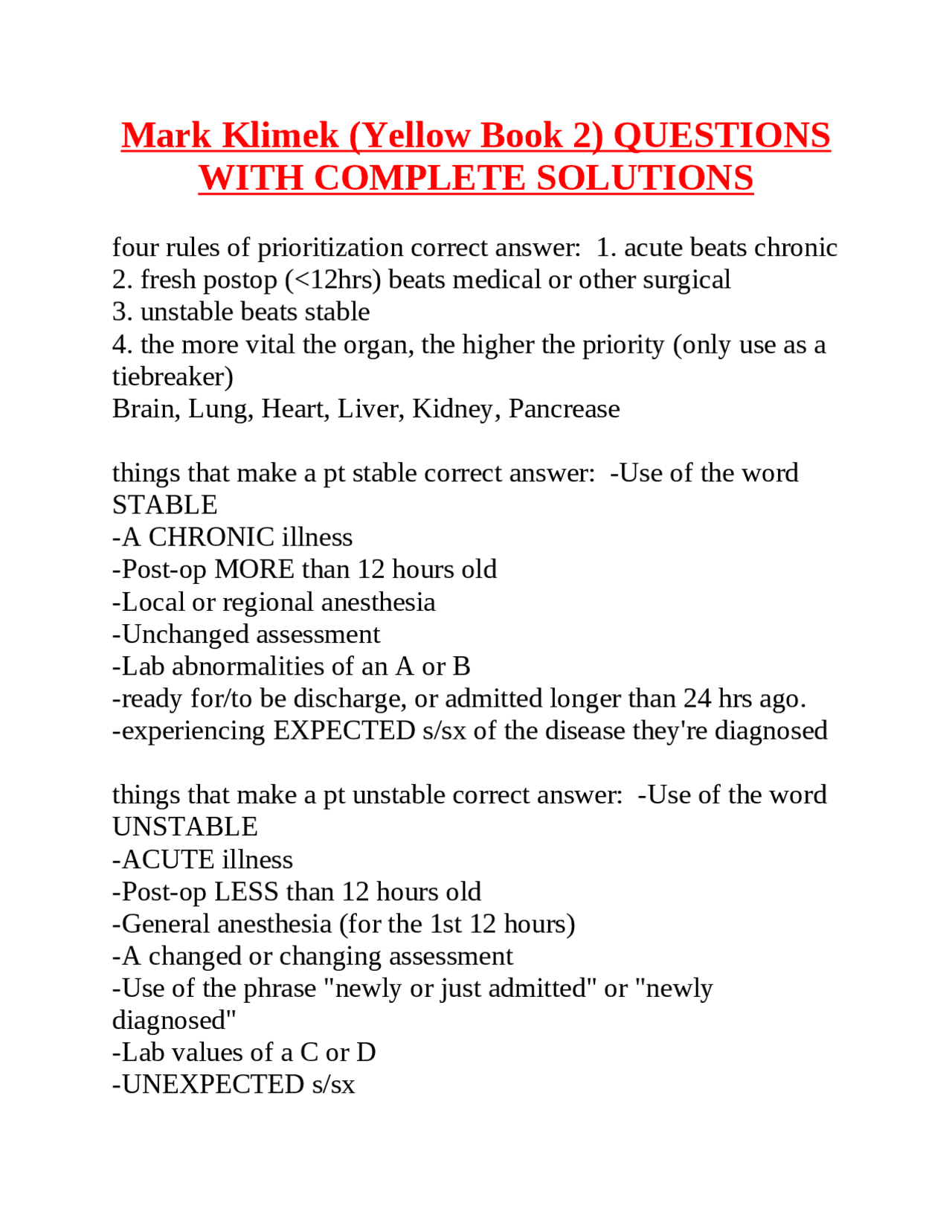 Mark Klimek (Yellow Book 2) QUESTIONS WITH COMPLETE SOLUTIONS | Exams ...
