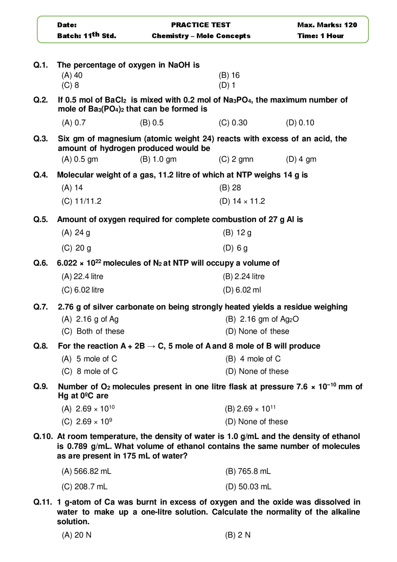 Practice Test: Mole Concepts in Chemistry (11th Standard) | Exams ...