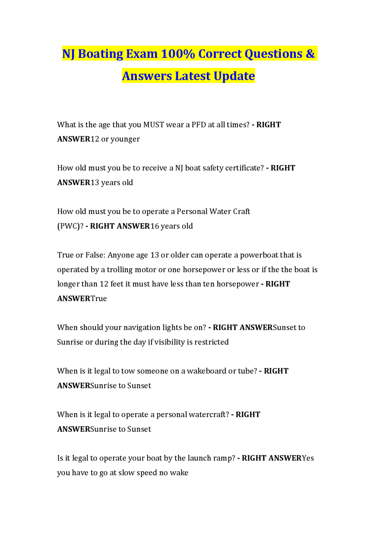 NJ Boating Exam 100% Correct Questions & Answers Latest Update | Exams ...