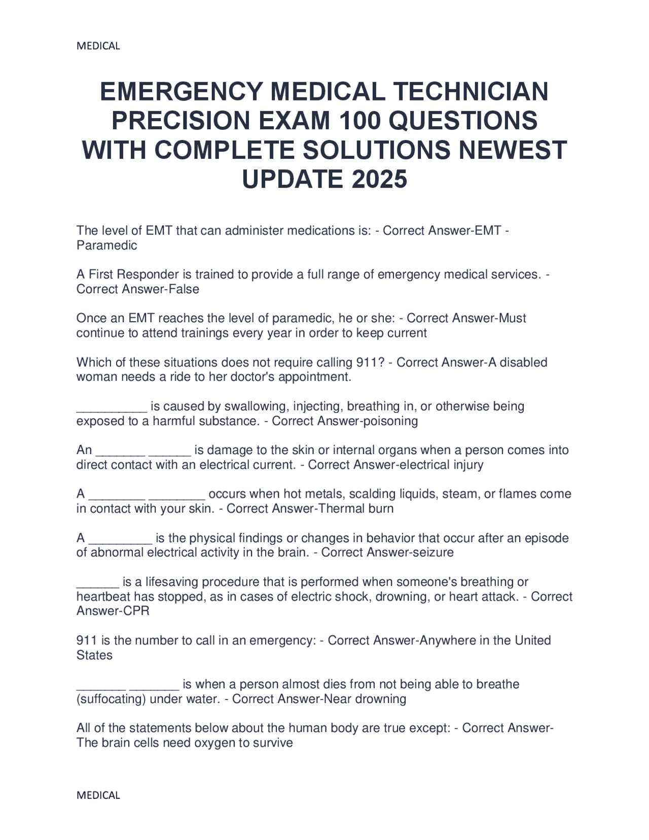 EMERGENCY MEDICAL TECHNICIAN PRECISION EXAM 100 QUESTIONS WITH COMPLETE ...