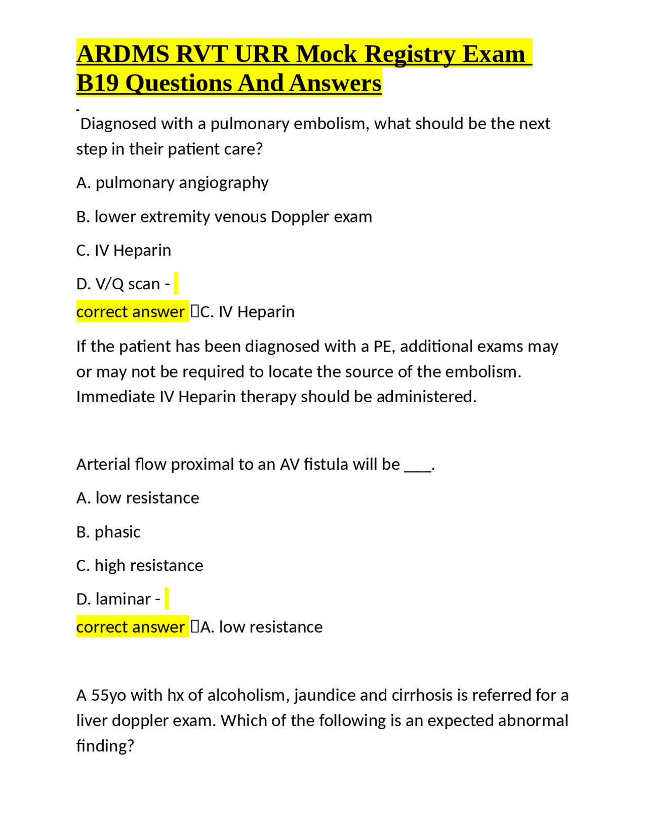 ARDMS RVT URR Mock Registry Exam: Questions and Answers | Exams ...