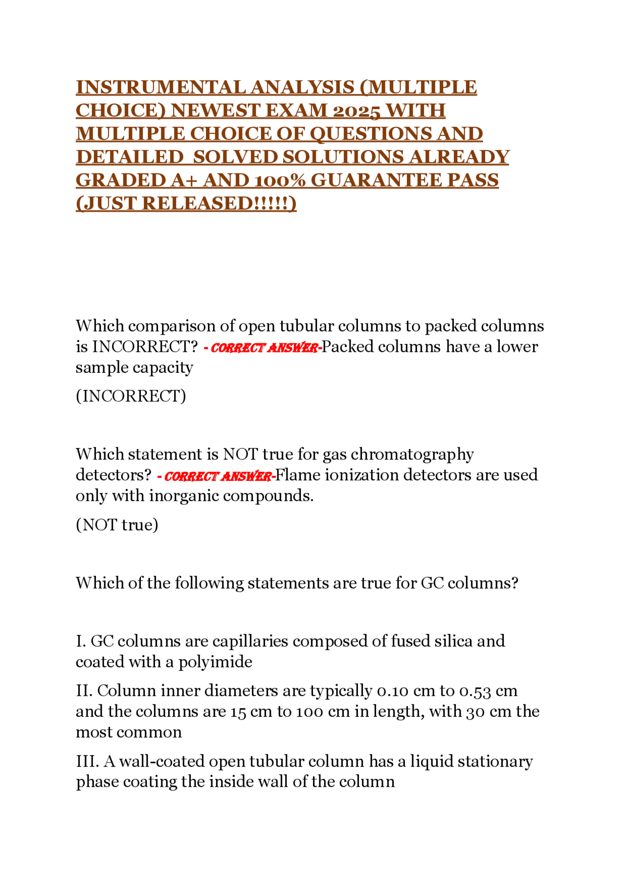 INSTRUMENTAL ANALYSIS (MULTIPLE CHOICE) NEWEST EXAM 2025 WITH QUESTIONS ...