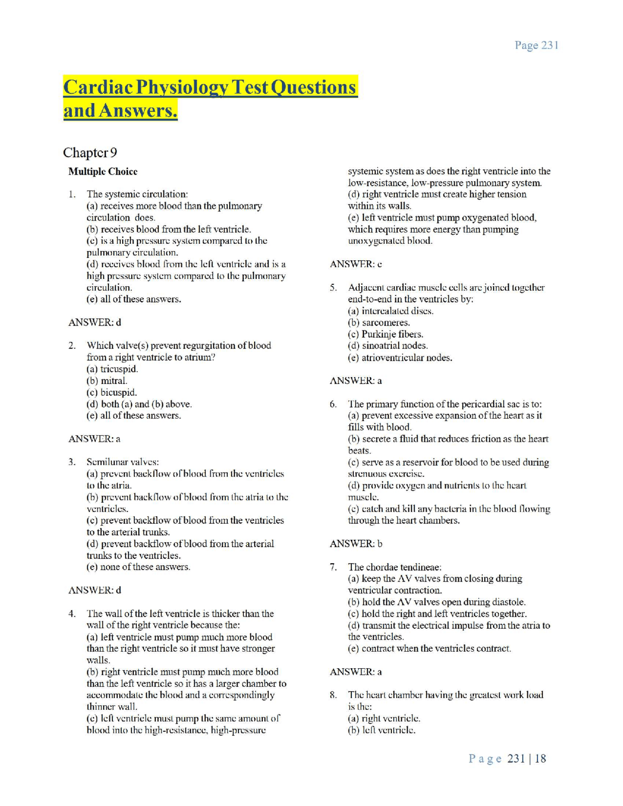Cardiac Physiology Test Questions and Answers. | Exams Physiology | Docsity