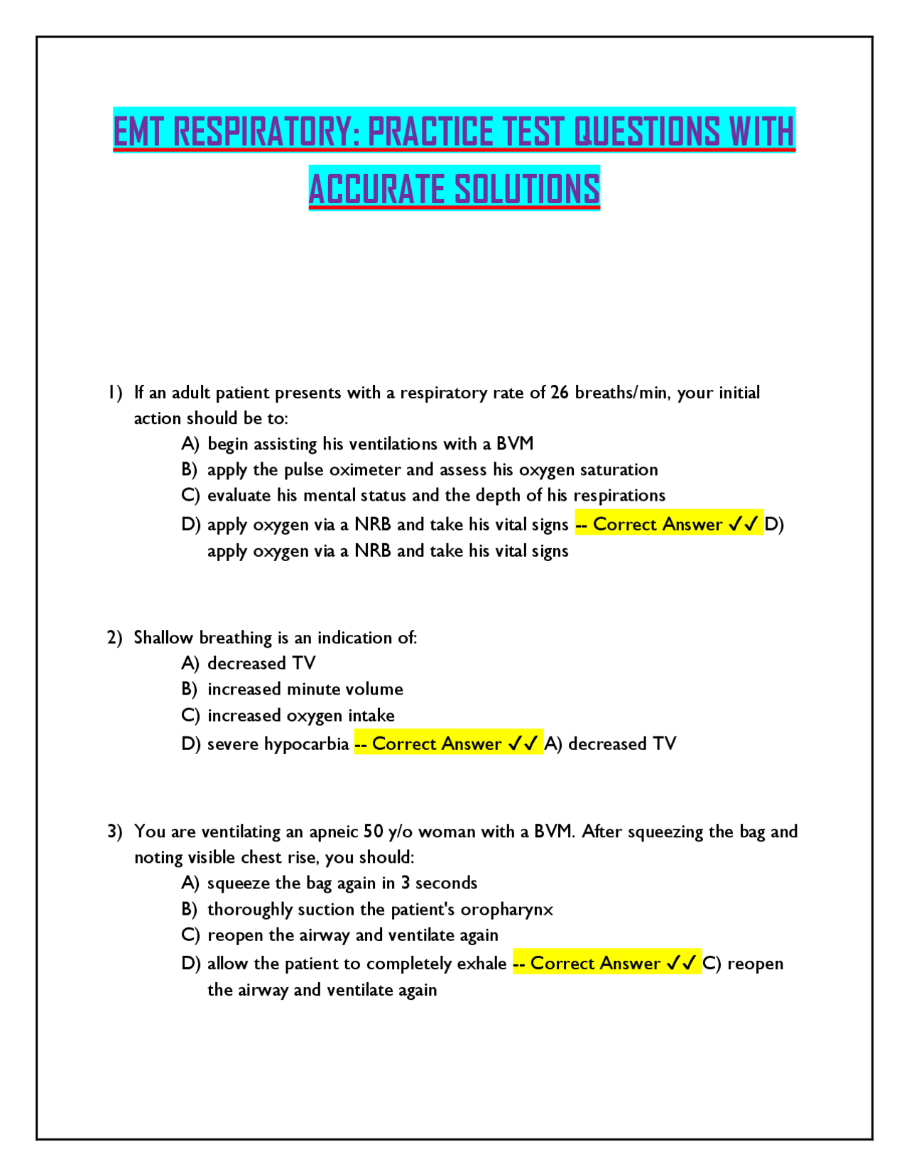 EMT Respiratory Practice Test Questions with Accurate Solutions | Exams ...