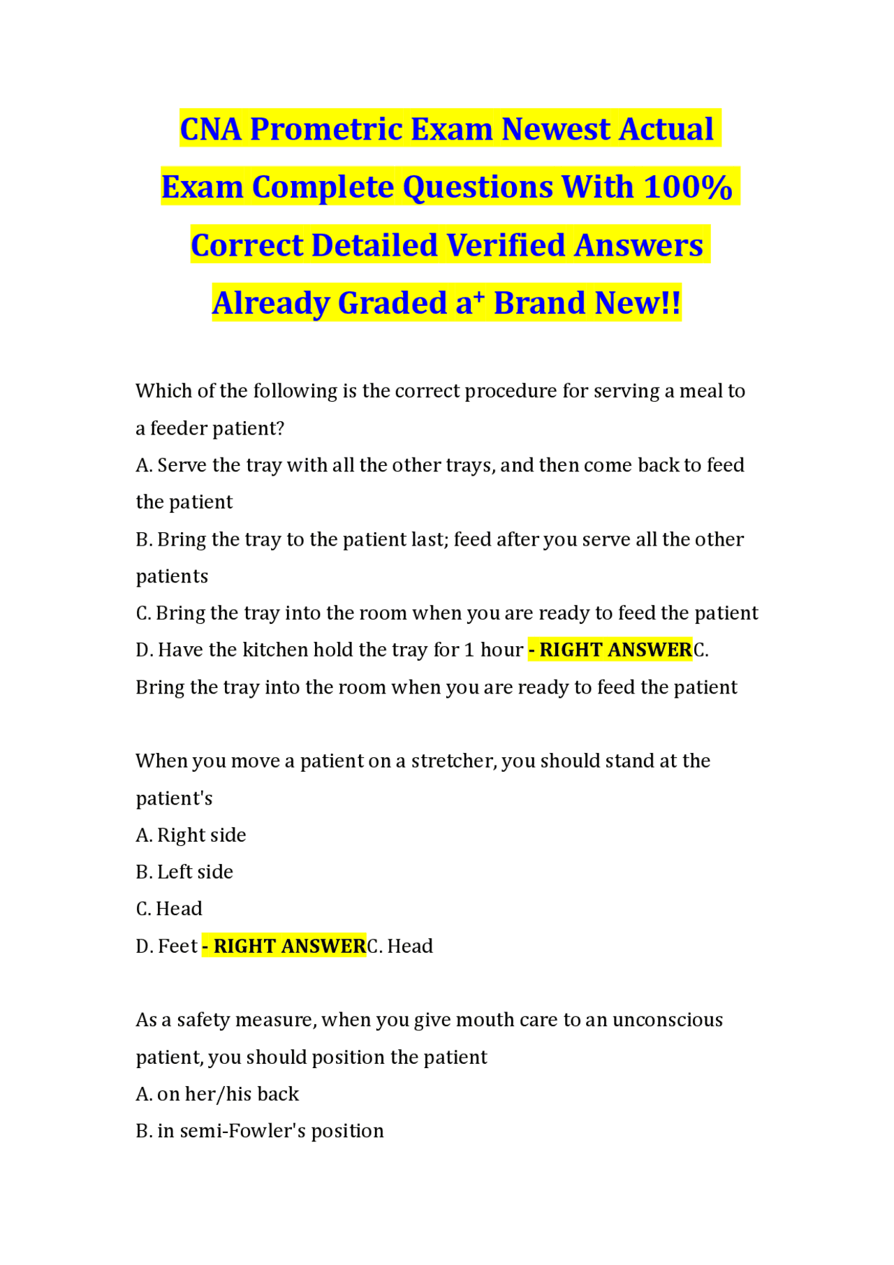 CNA Prometric Exam Newest Actual Exam Complete Questions With 100% ...