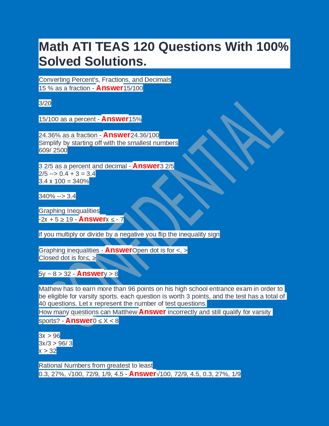 Math Practice Exercises and Solutions | Exams Mathematics | Docsity