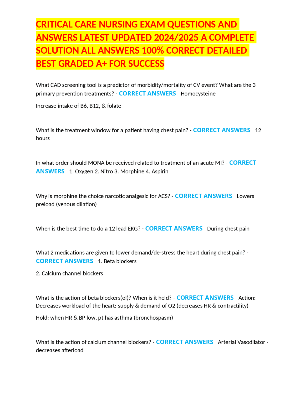 CRITICAL CARE NURSING EXAM QUESTIONS AND ANSWERS LATEST UPDATED 2024/ ...