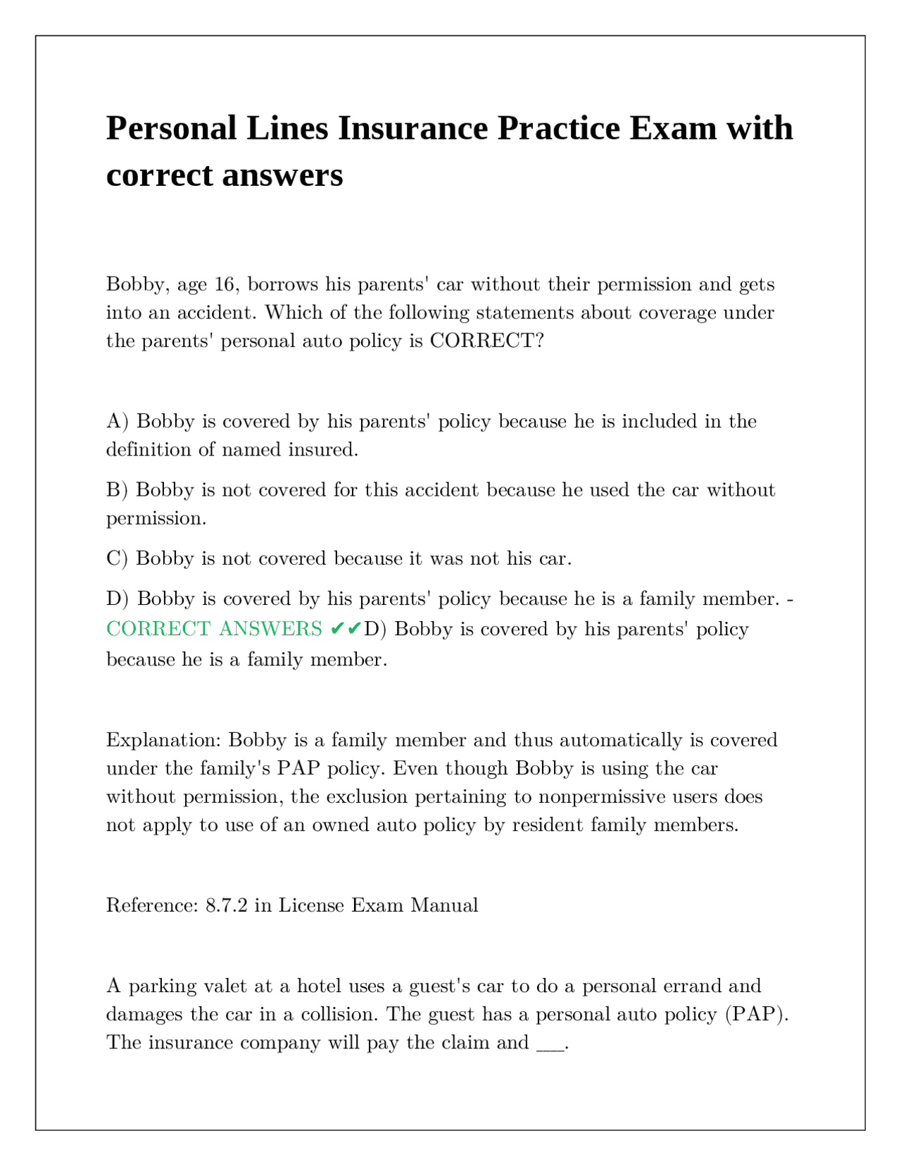 Personal Lines Insurance Practice Exam with correct answers | Exams ...