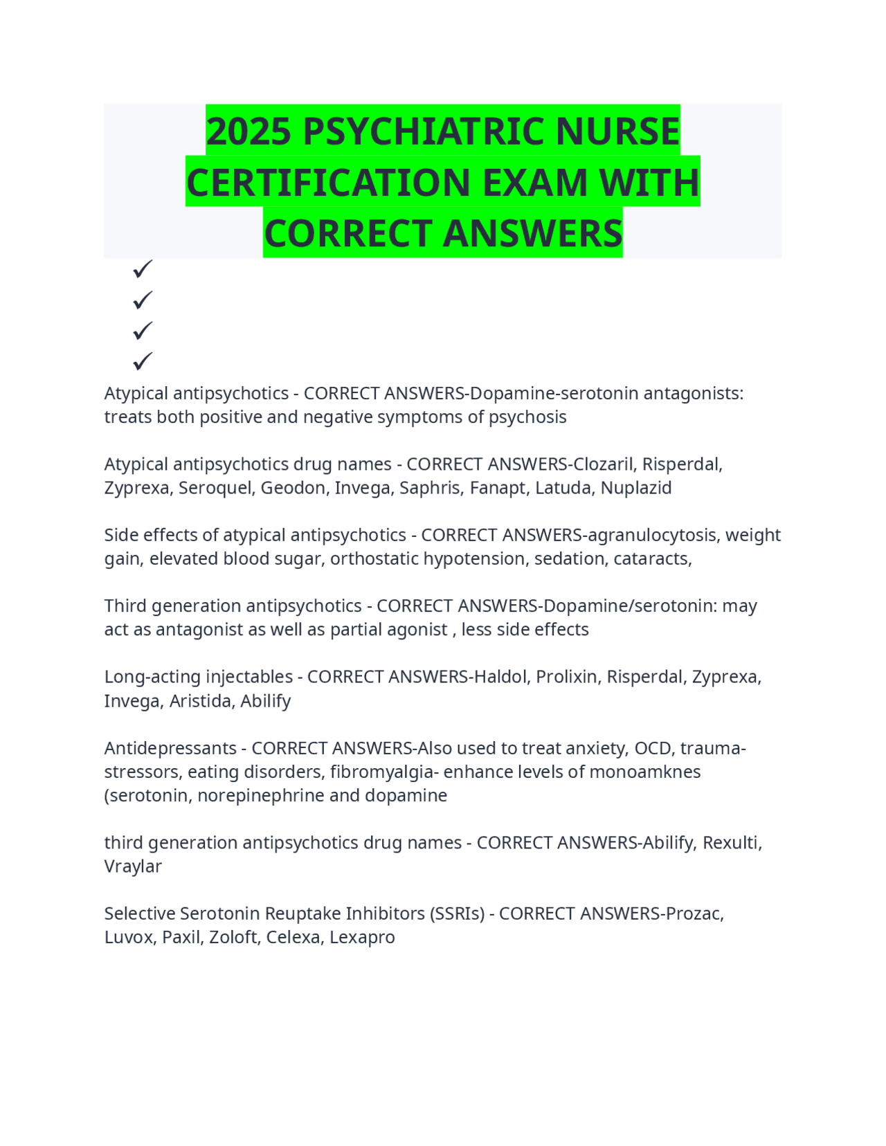 2025 PSYCHIATRIC NURSE CERTIFICATION EXAM WITH CORRECT ANSWERS | Exams ...