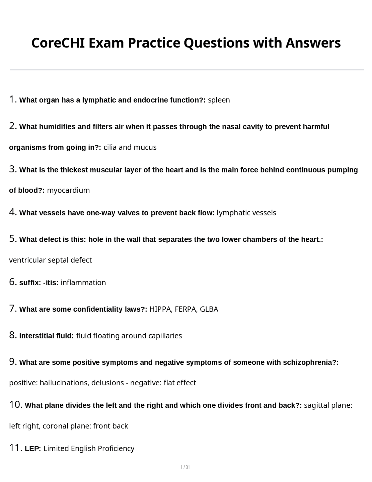 CoreCHI Exam Practice Questions with Answers | Exams Physiology | Docsity
