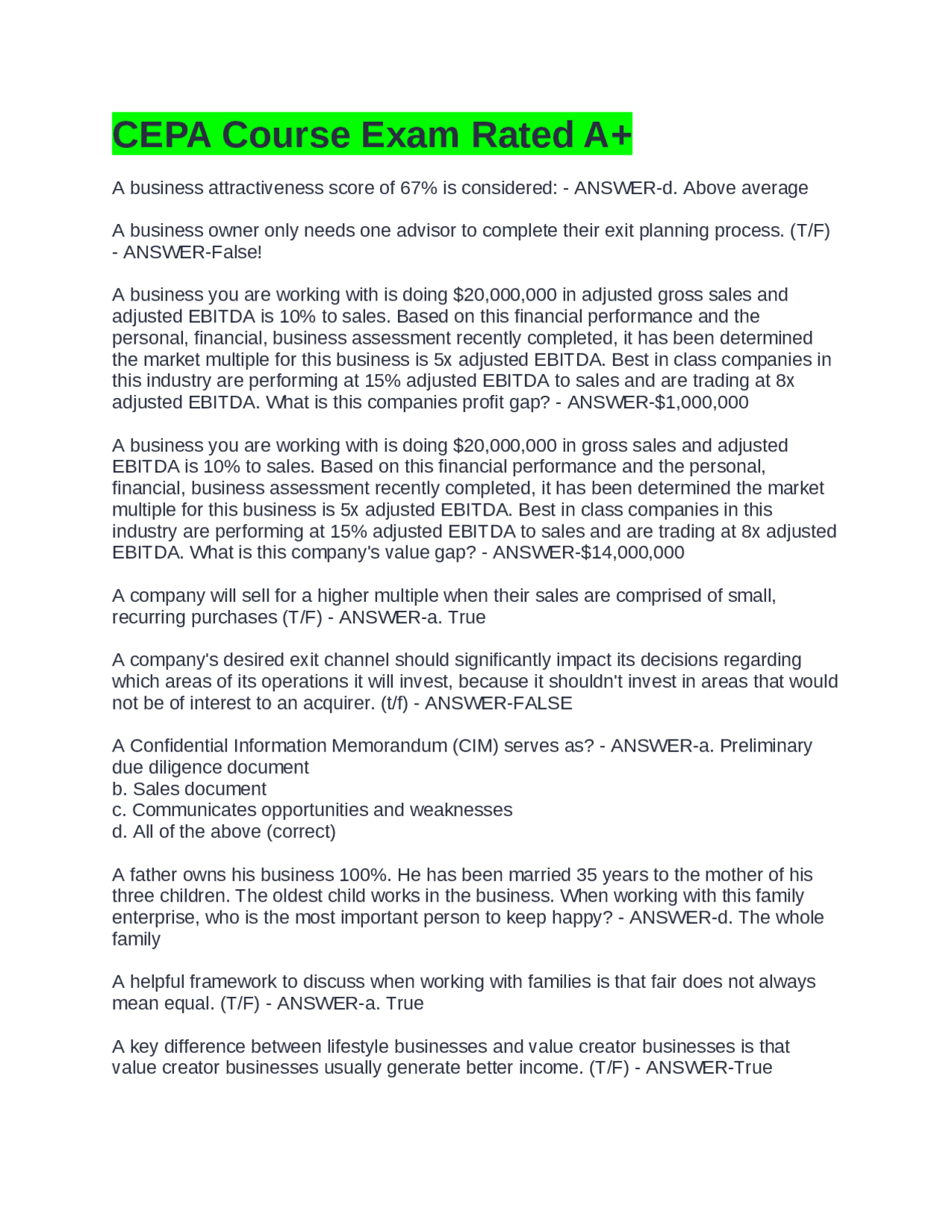 CEPA Course Exam Rated A+ | Exams Advanced Education | Docsity