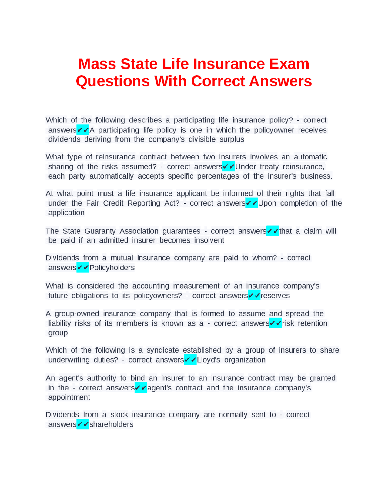 Mass State Life Insurance Exam Questions and Answers | Exams Insurance ...