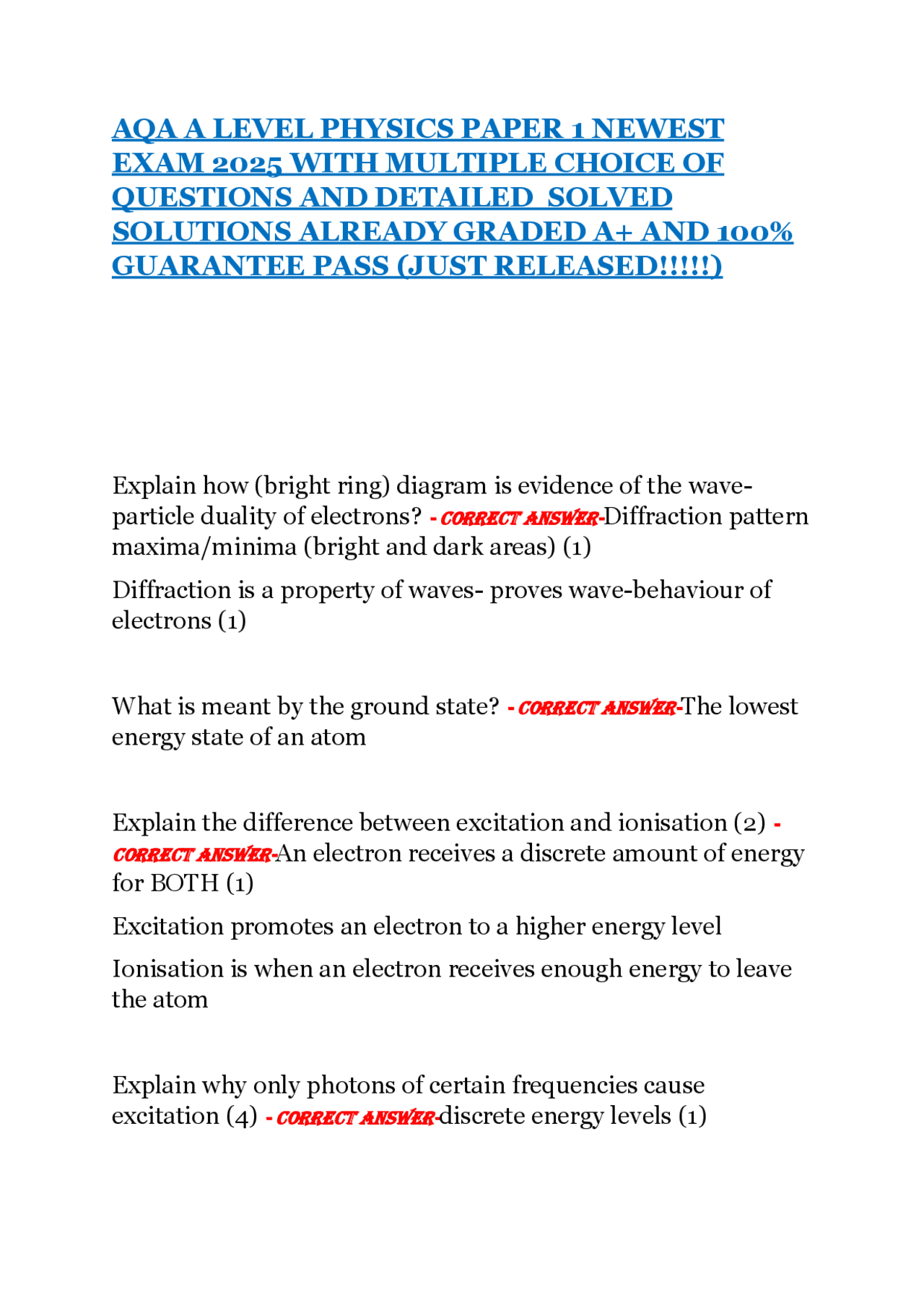 AQA A LEVEL PHYSICS PAPER 1 NEWEST EXAM 2025 WITH MULTIPLE CHOICE OF ...