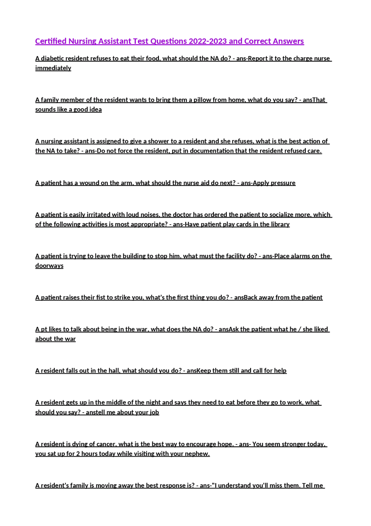 Certified Nursing Assistant Test Questions 2022-2023 and Correct ...