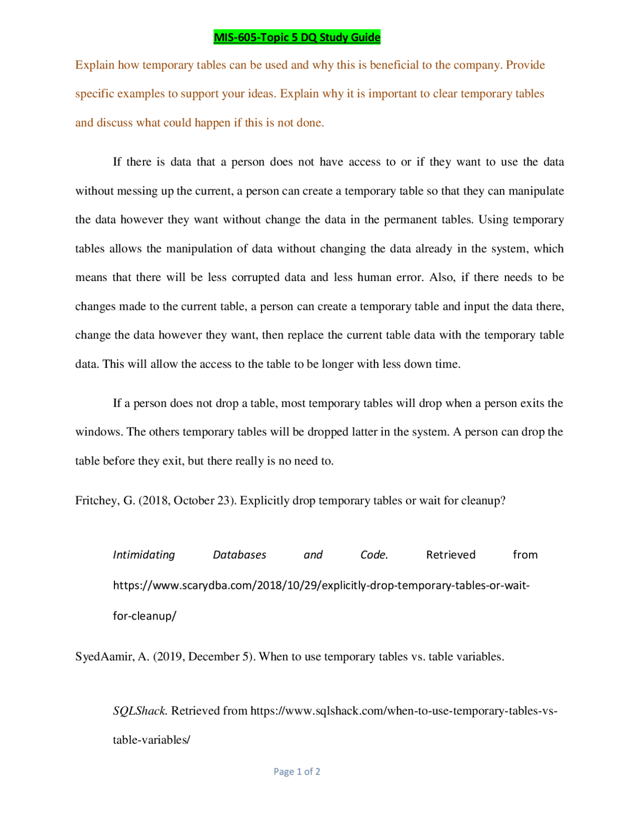 MIS-605-Topic 5 DQ Study Guide | Exams Nursing | Docsity