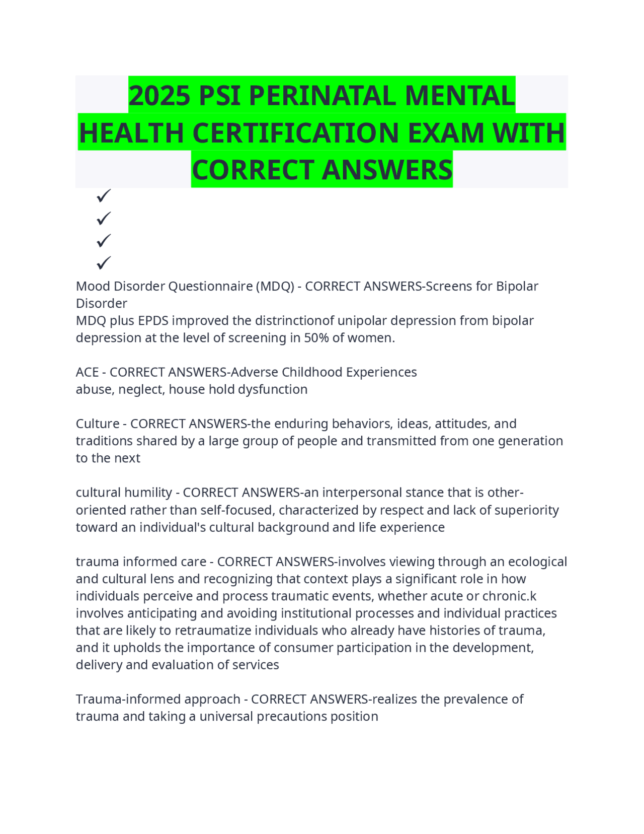 2025 PSI PERINATAL MENTAL HEALTH CERTIFICATION EXAM WITH CORRECT ...